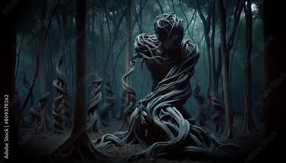 A sculpture similar to a textured, twisted humanoid figure in a dark ...