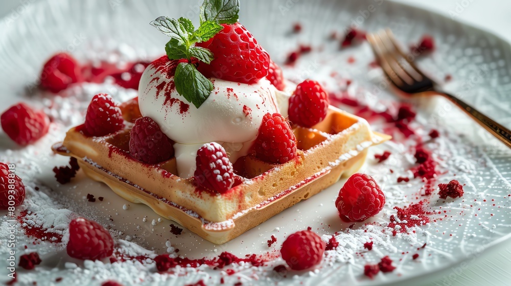 Artistic plating of heart-shaped waffles, topped with red velvet crumbs ...