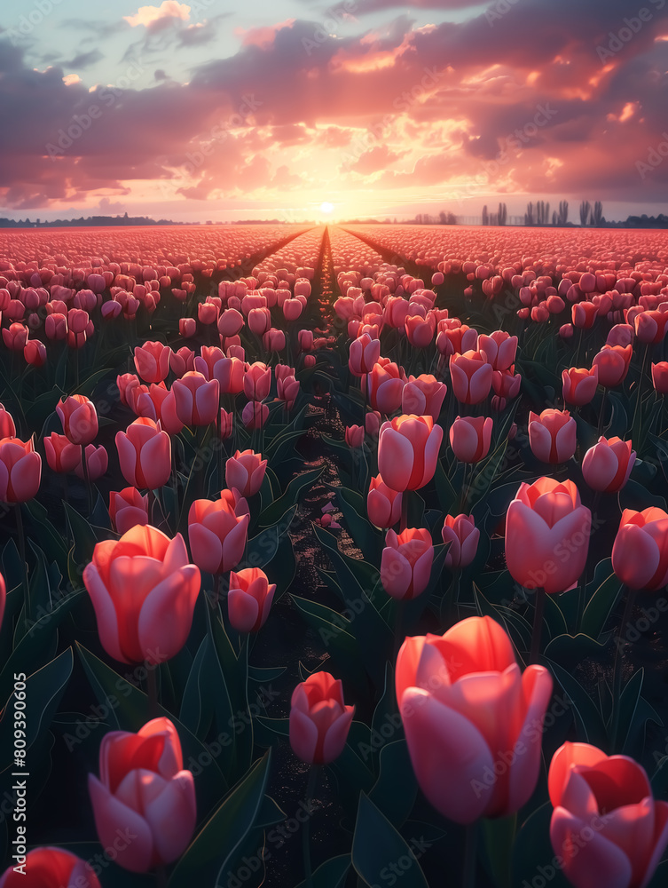 tulip festival at sunset, landscape with tulip field at sunrise. 4K ...