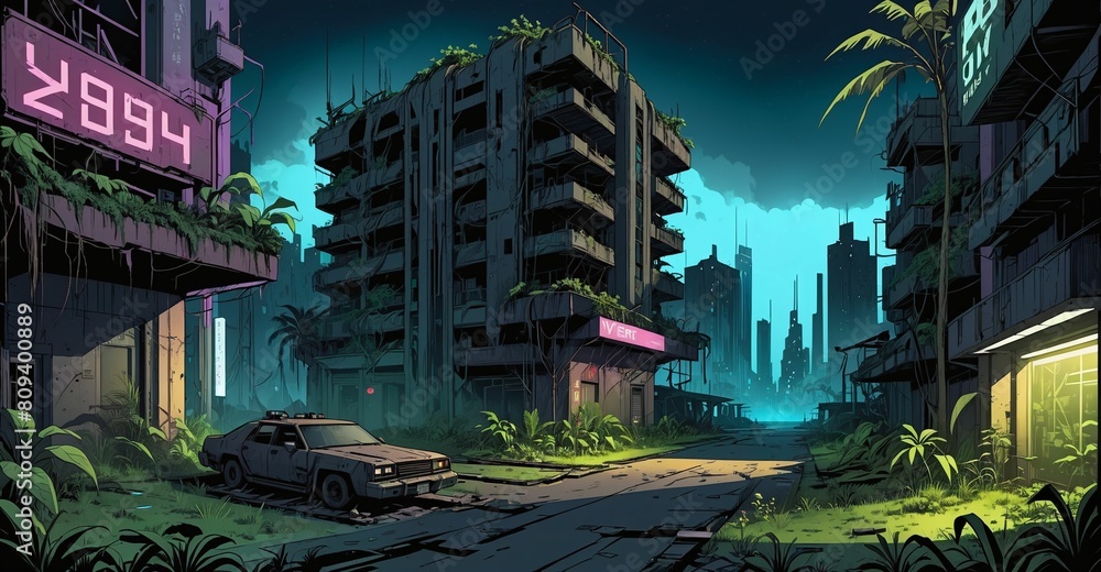 Gothic cyberpunk sci-fi dystopian overgrowth city at night. Abandoned, aged, old overgrown town ...