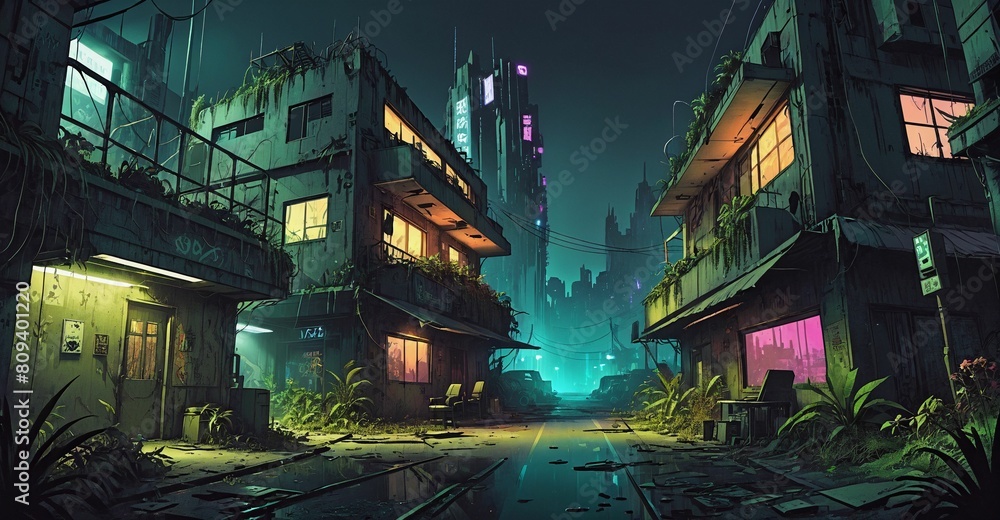 Gothic cyberpunk sci-fi dystopian overgrowth city at night. Abandoned, aged, old overgrown town ...