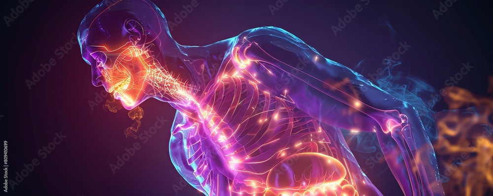 Neoncolored 3D medical animation showcasing a person with abdominal ...