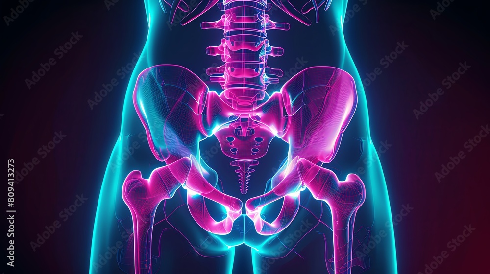 Detailed holographic human pelvis with intricate hip joint structure ...