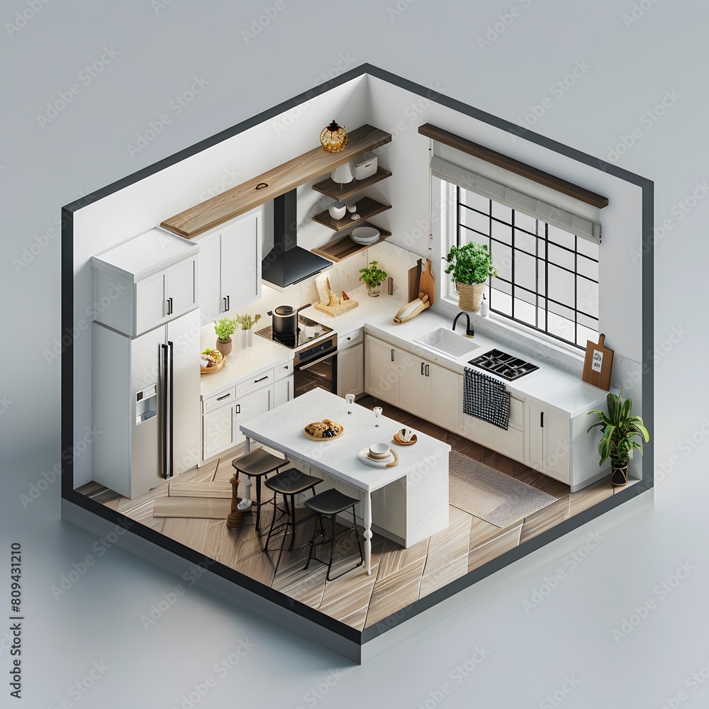 isometric cutaway of a kitchen, 3D White kitchen with island and dining ...