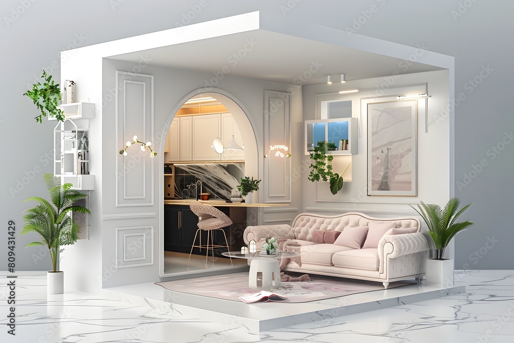 isometric cutaway of a minimal living room Interior design of ...