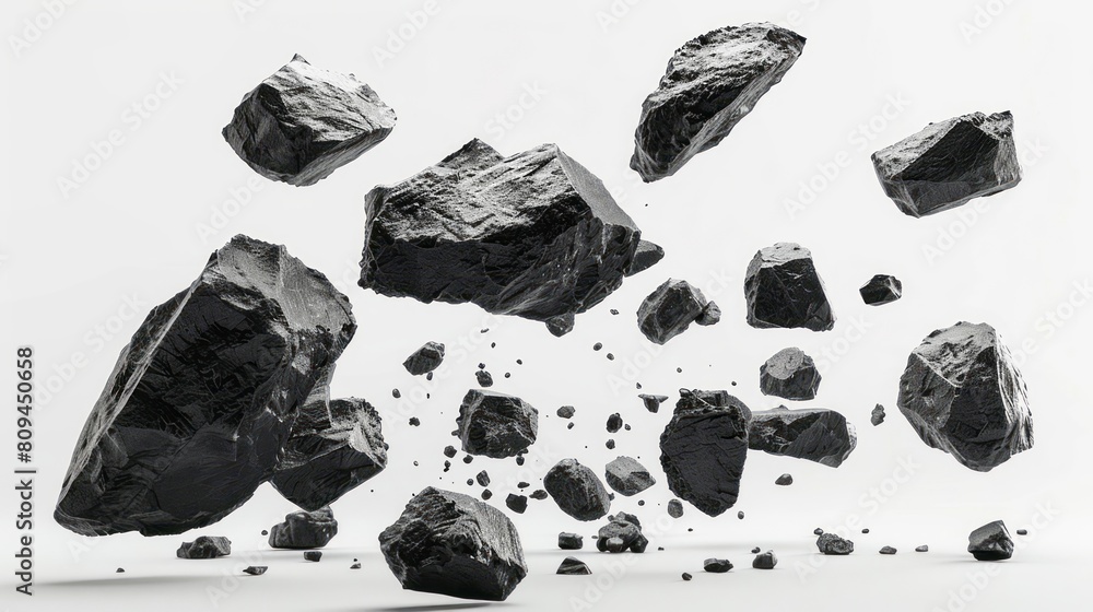 A group of floating rocks flying in the air, in a 3d rendering with a ...