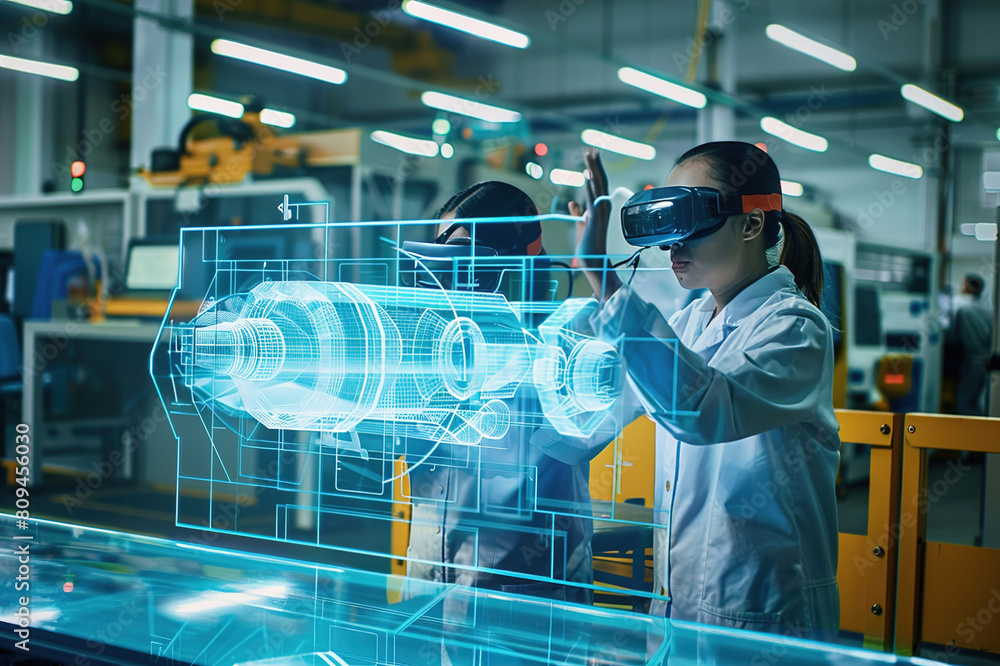 Factory workers examine digital twin model for machinery optimization in manufacturing plant ...