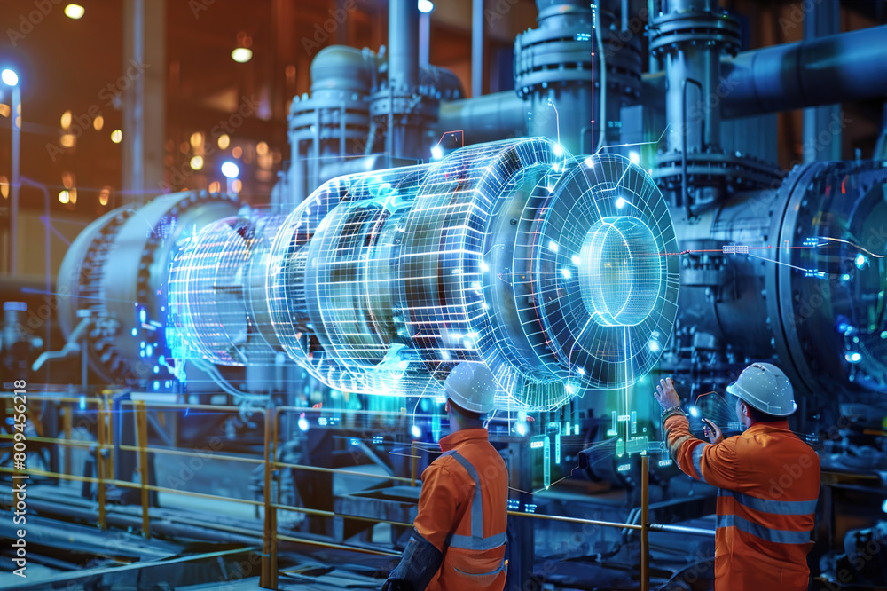 Factory workers examine digital twin model for machinery optimization ...