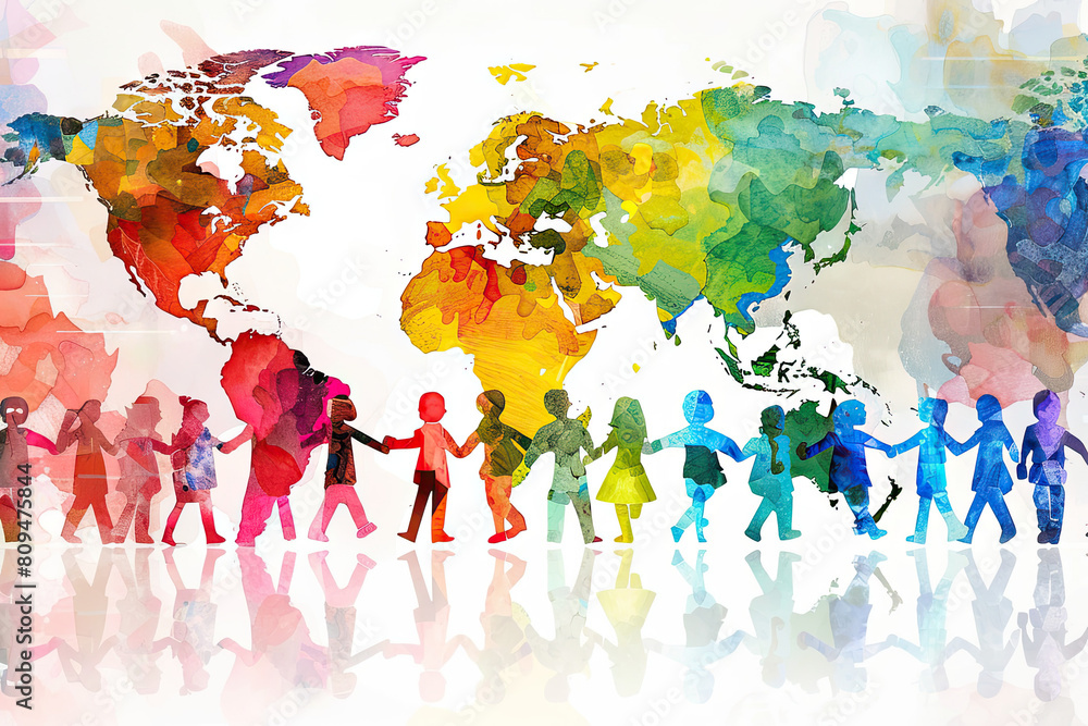 World map in a rainbow with a group of people holding hands ...