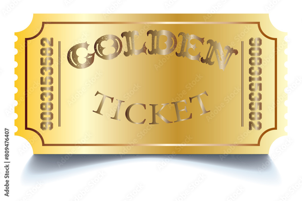 Golden ticket. Realistic golden show ticket. Old premium cinema ...