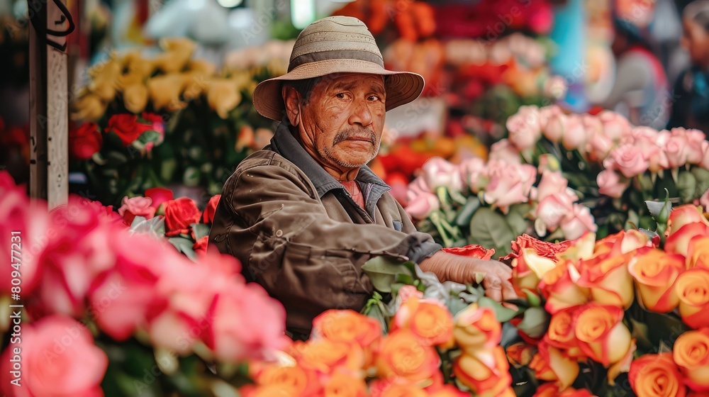 street vendor selling fragrant roses and bouquets at Feria de las ...
