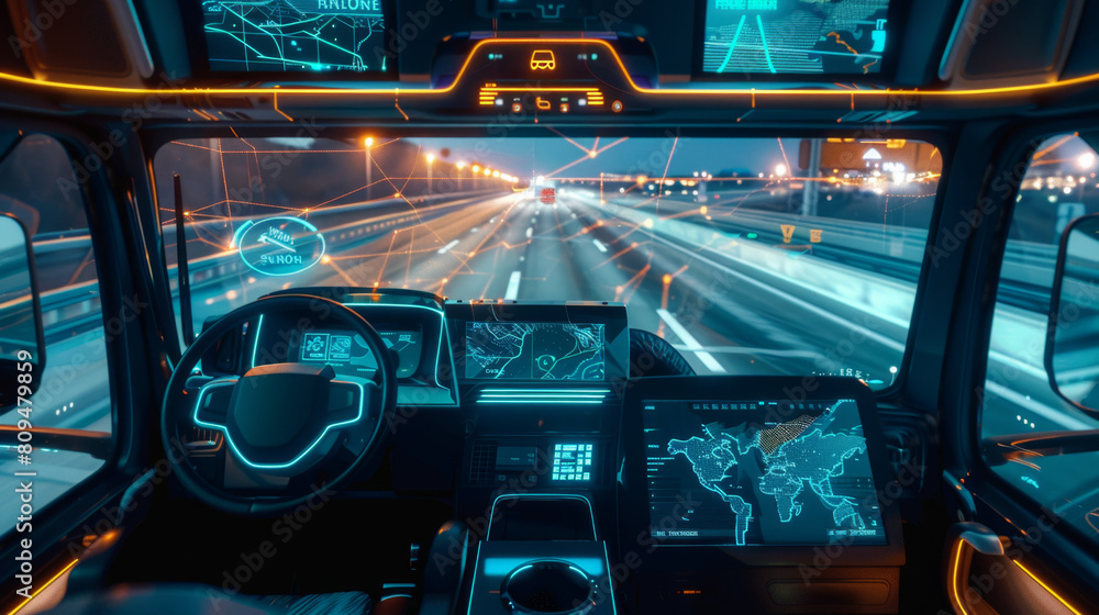 Inside view of a futuristic vehicle's dashboard showcasing advanced ...