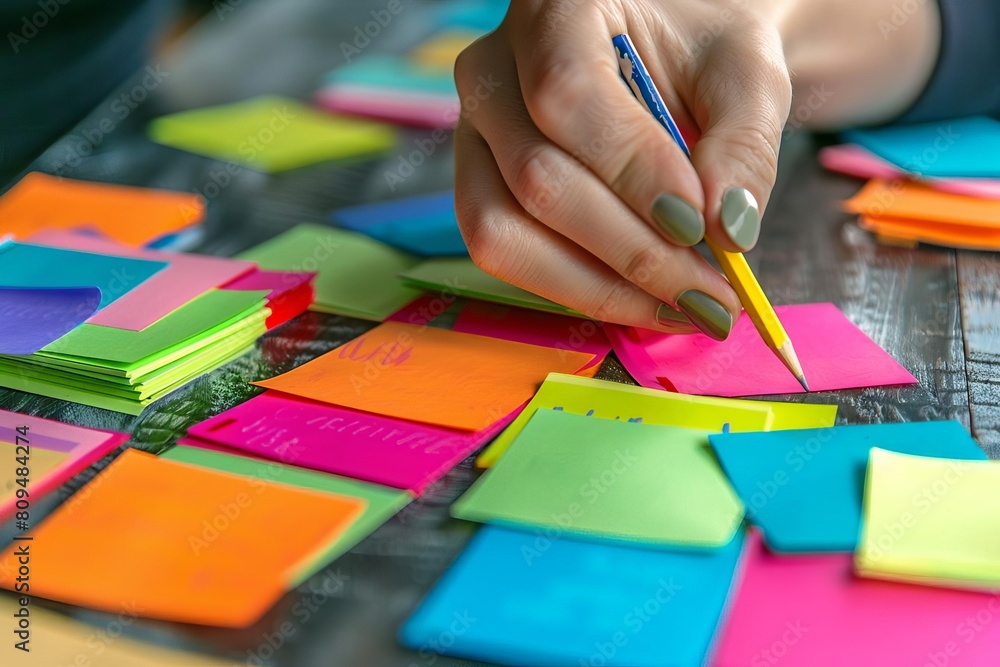 Colleagues in a creative brainstorming session using colorful index ...