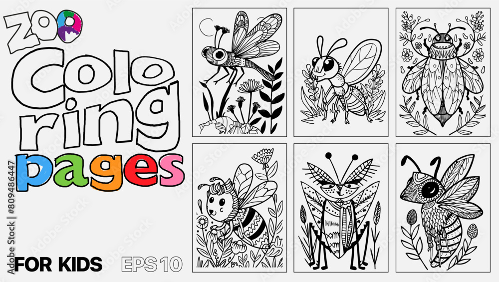 A set of six insect coloring pages for kids. The pages feature ...