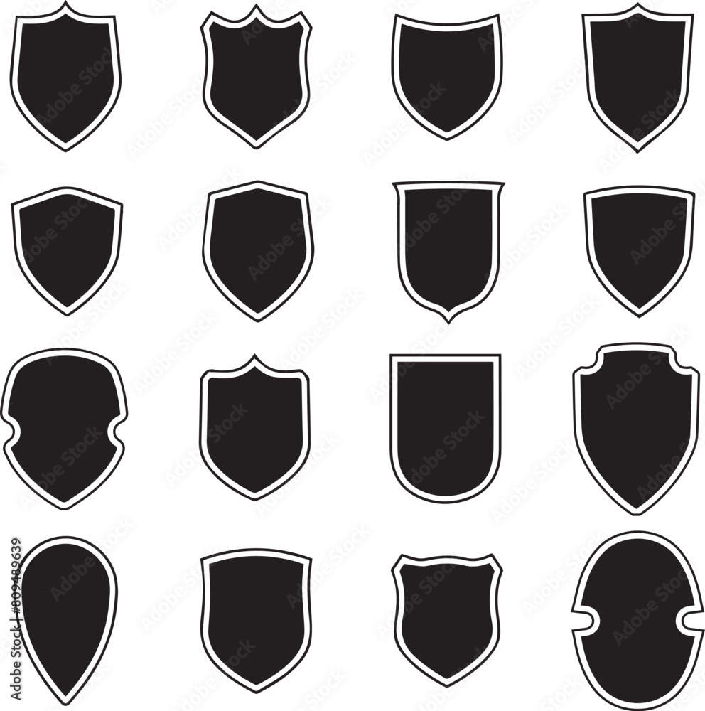 Shield icon set in vintage style. Protect shield security line icons ...