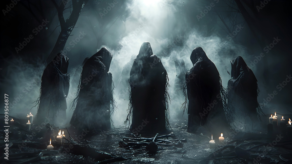 Ominous Coven Performing Dark Hex with Ethereal Energy and Occult ...