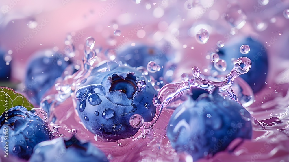 Food shot, super wide angle blueberries waterfall splash, liquid ...