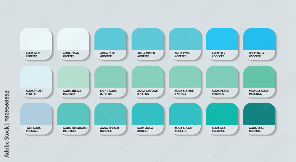 Vector de Stock Aqua Color Guide Palette with Color Names. Catalog Samples Aqua with RGB HEX ...