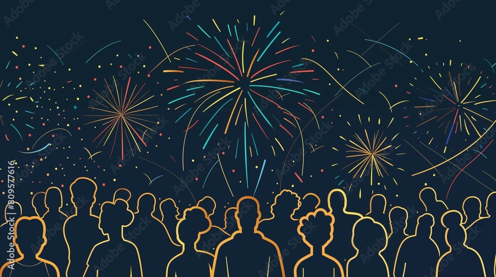 Crowds cheer, fireworks explode in the night sky, black gold background ...