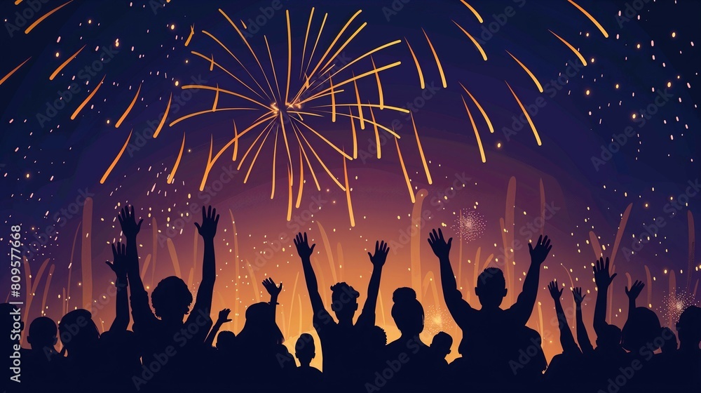 Crowds cheer, fireworks explode in the night sky, black gold background ...