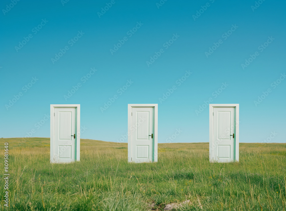 Three white doors standing upright in an open grassy field under a ...