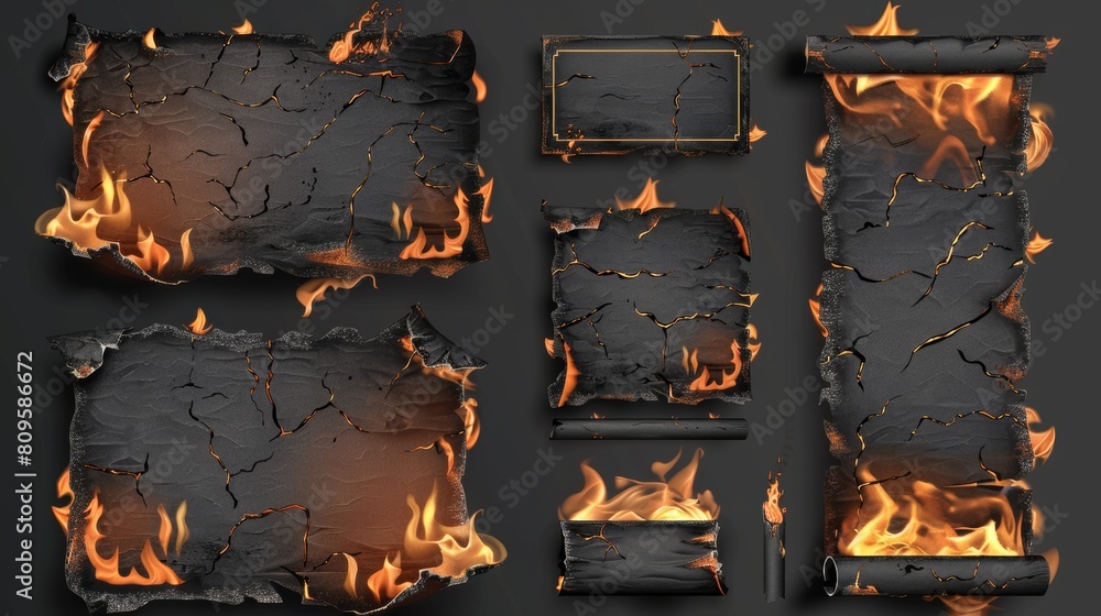 An organized set of 3D modern images of burnt corners, holes, and ...