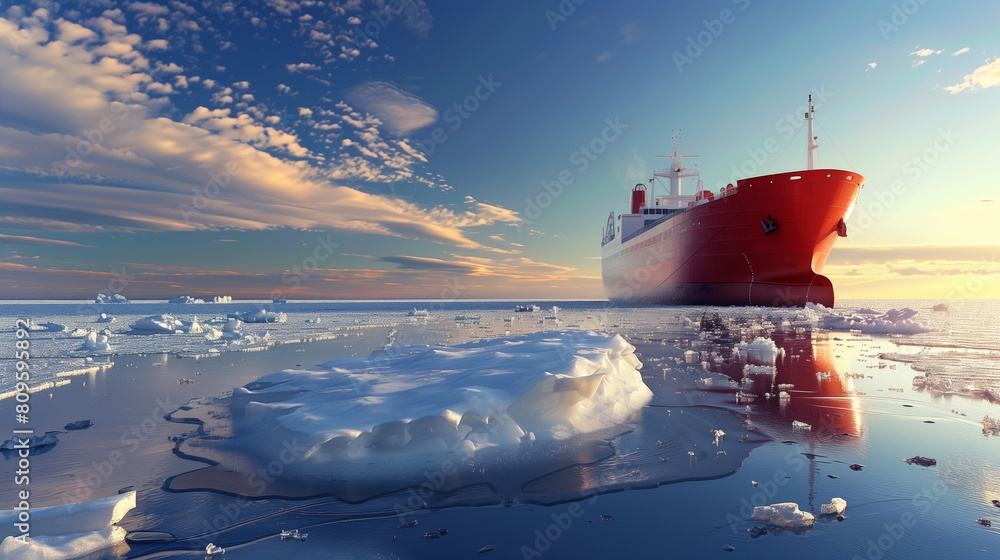 Cargo ship with containers driving through frozen sea with ice blocks ...