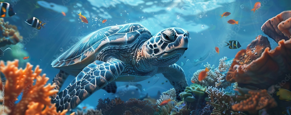 Happy cute sea turtle swimming freely in the blue ocean. Scuba diving ...
