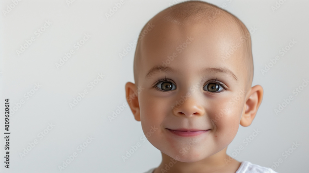 Little bald-headed boy posing in a photo studio, his face full of ...