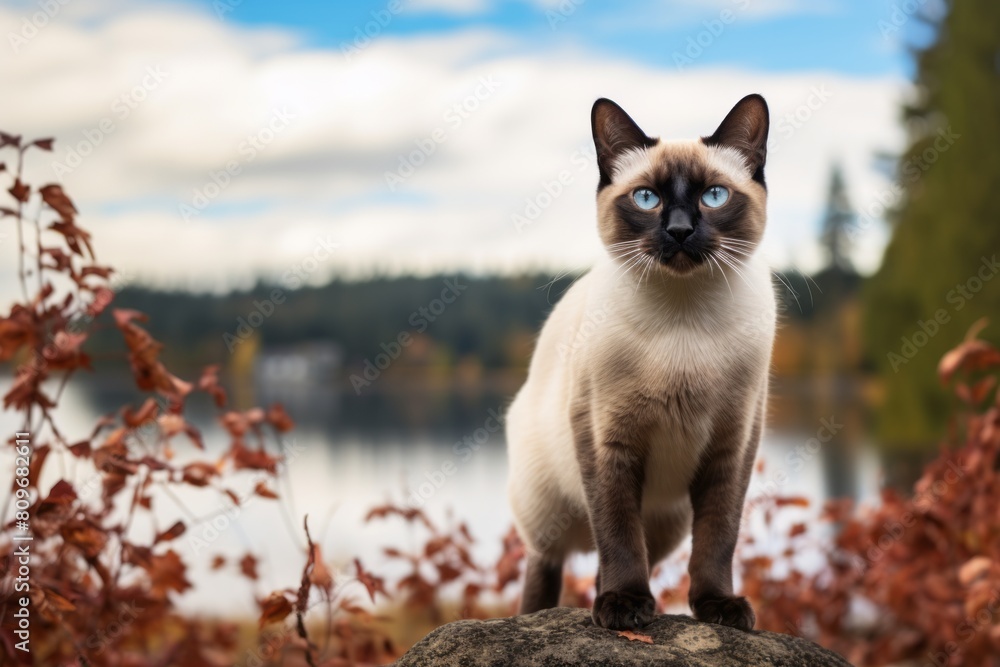 Full-length portrait photography of a smiling siamese cat back-arching ...