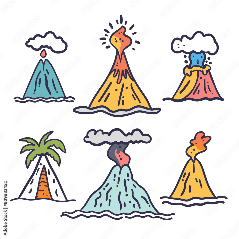Six colorful cartoonstyle volcanoes erupting, tropical, ash clouds ...