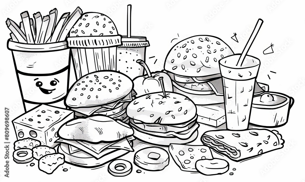 Fast food coloring page Stock Illustration | Adobe Stock