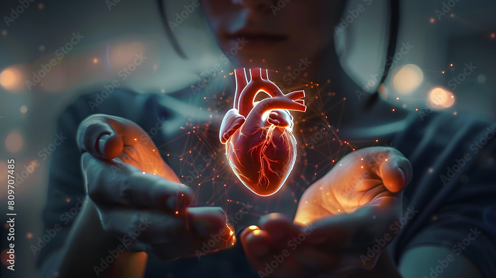A human heart floating in the palm of two hands, illuminated by medical ...
