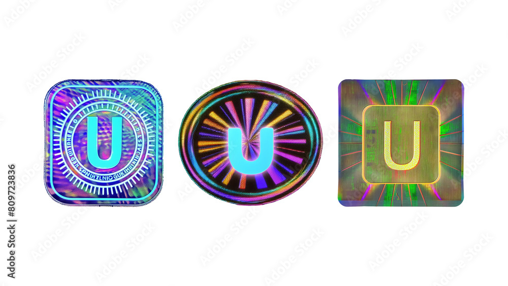 Holographic sticker set with letter “U”, isolated retro style colorful ...