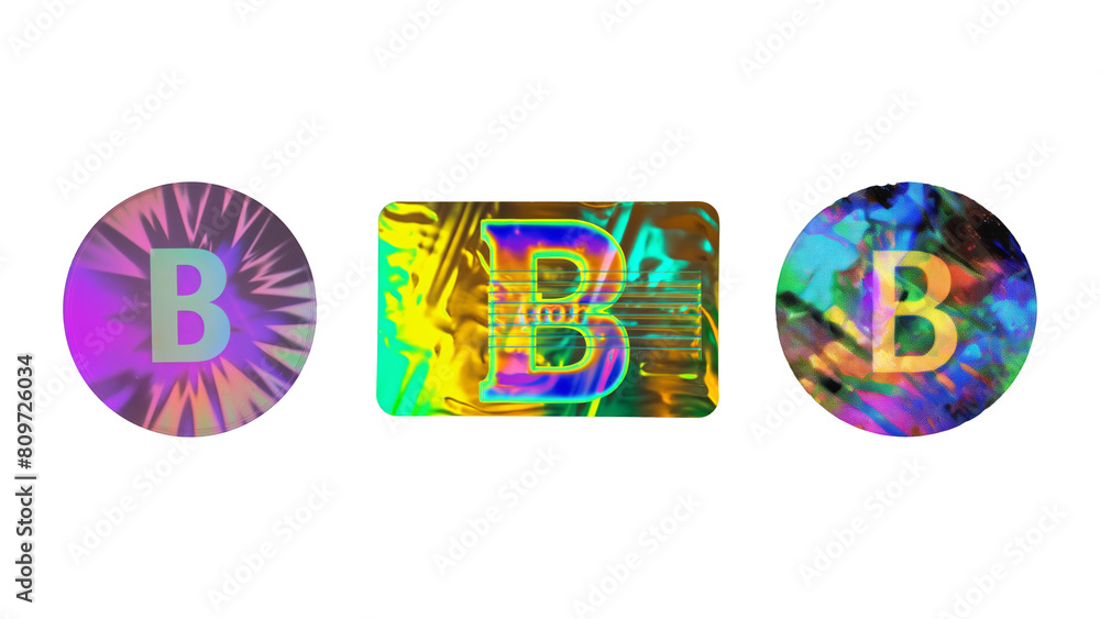 Holographic sticker set with letter “B”, isolated retro style colorful ...