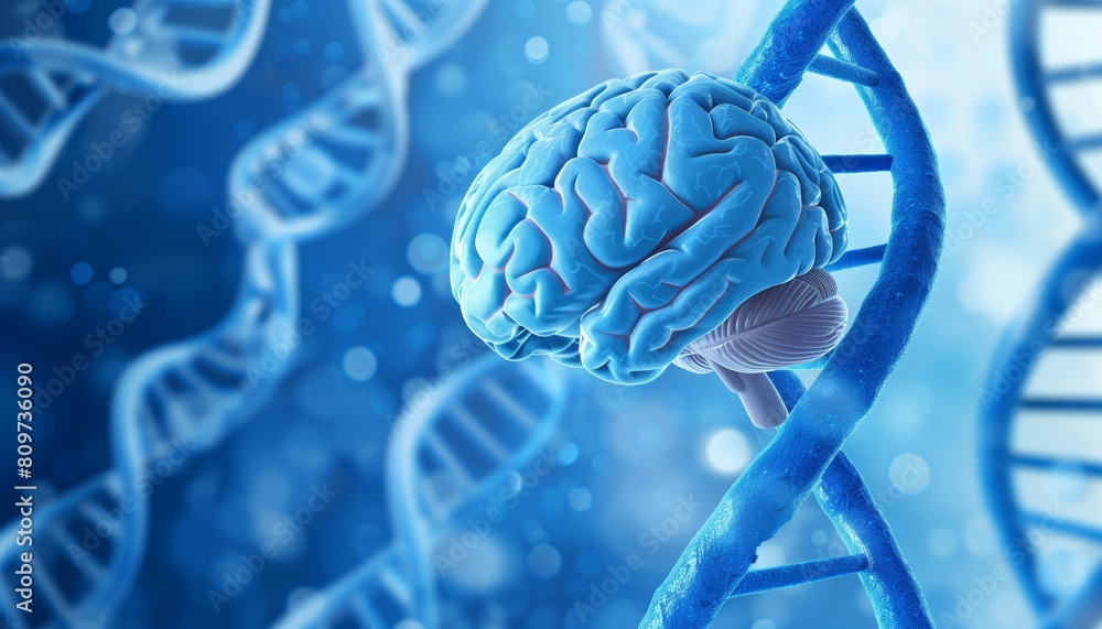DNA strand next to the human brain, neurons and the human brain ...