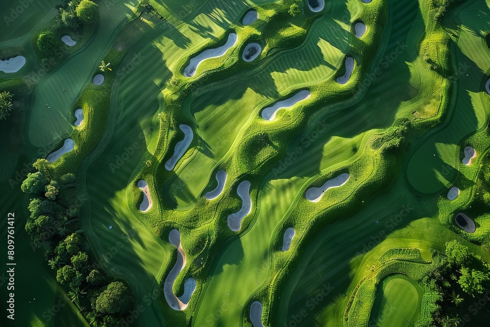 Bird's-eye view of a golf course with a serpentine layout and lush ...