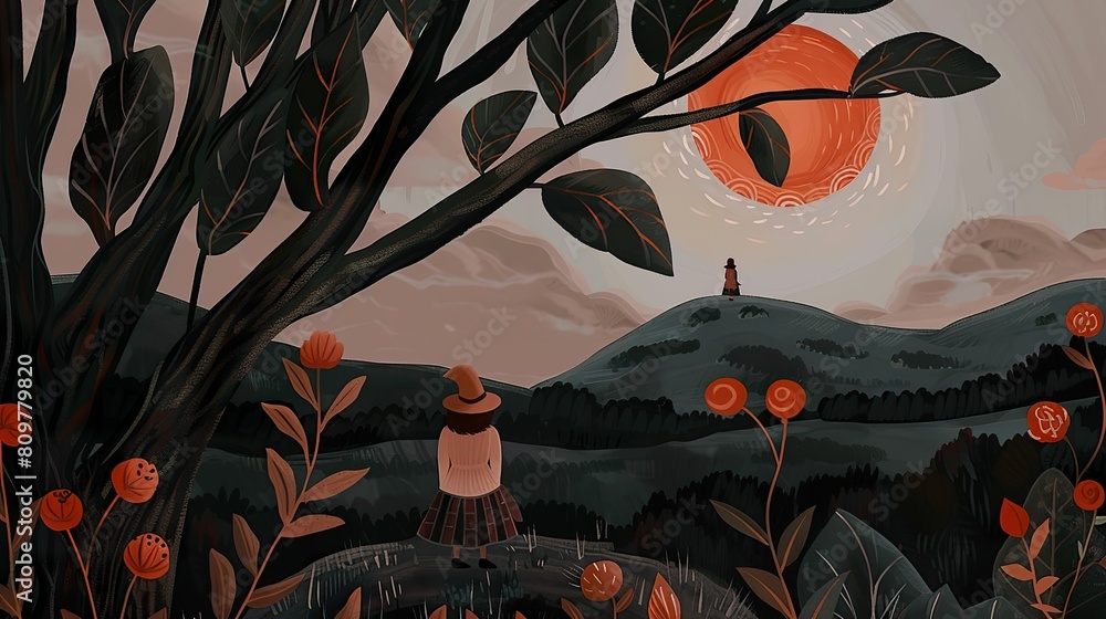 Moon, wizard hat, mysterious, a solitary figure standing under a full ...