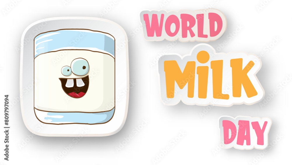 World milk day poster and banner with funny cartoon cute smiling milk ...