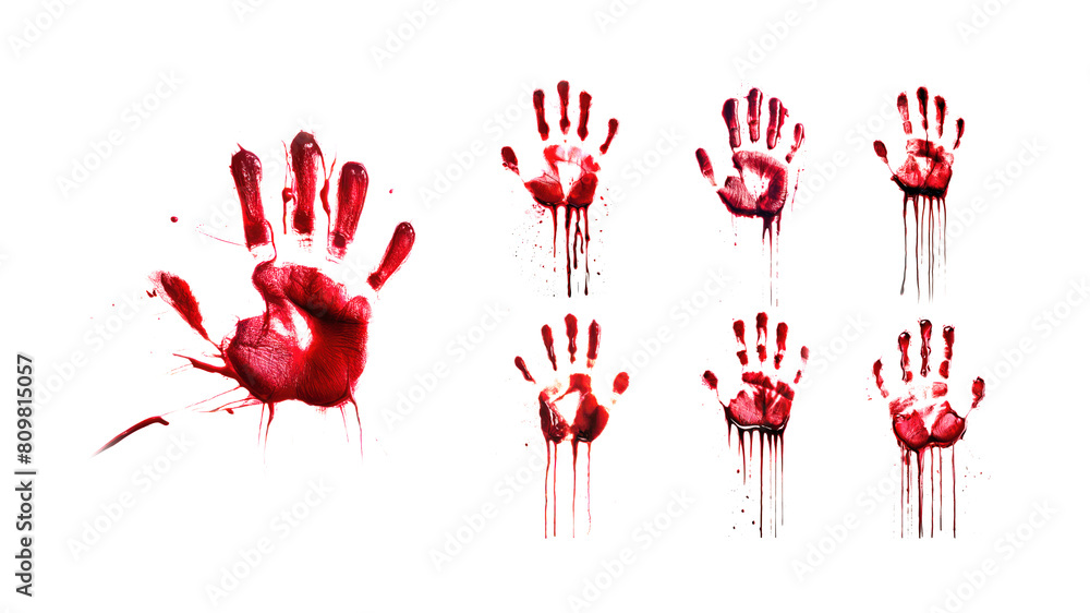 Dripping red blood handprint MEGA PACK. Isolated transparent background PNG. Horror, crime ...