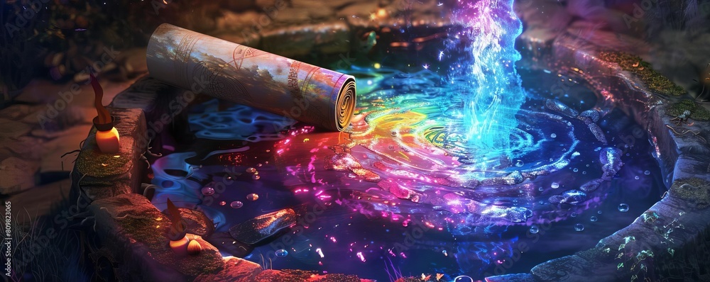 A sacred scroll unrolling and touching the surface of a holy well ...