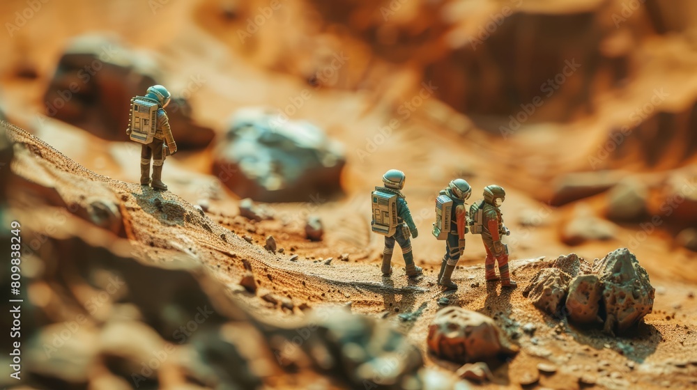 Miniature people on a replica of the Mars surface, symbolizing human ...