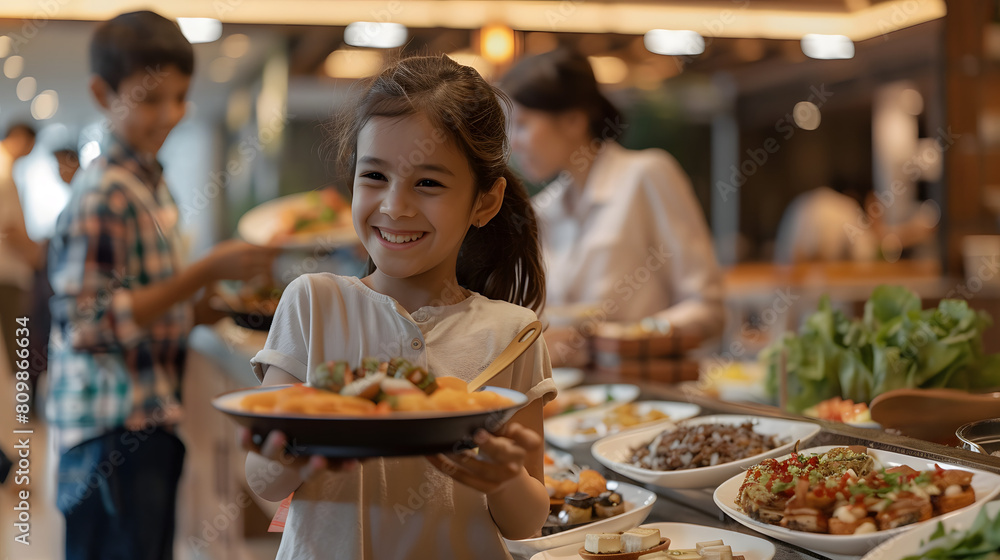 Smiling girl proudly showing off her plate filled with a variety of ...
