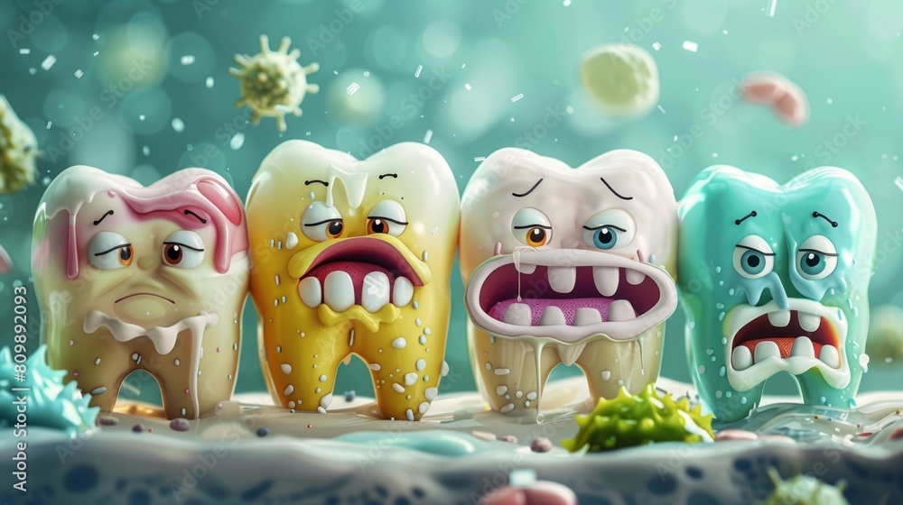 Cartoon teeth suffering from bacteria and food debris, symbolizing ...