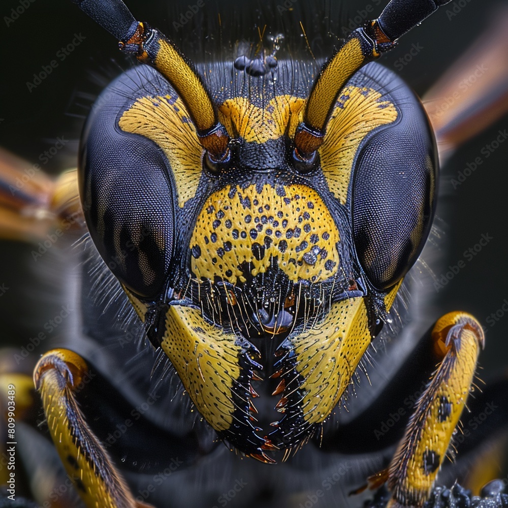 The closeup of a wasps head reveals its sleek profile and powerful ...