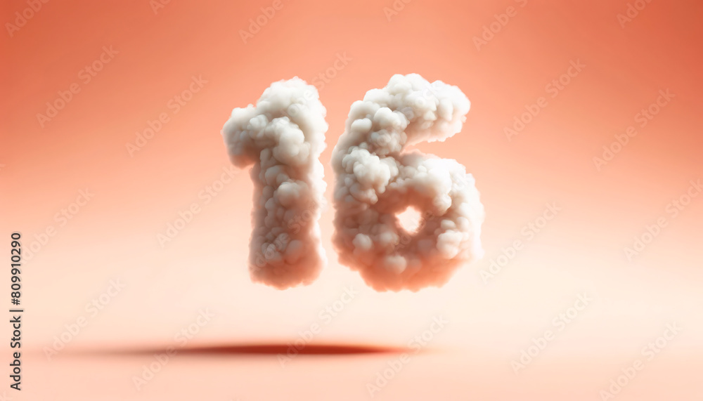 Soft cloud formations craft the number '16' against a gentle peach ...