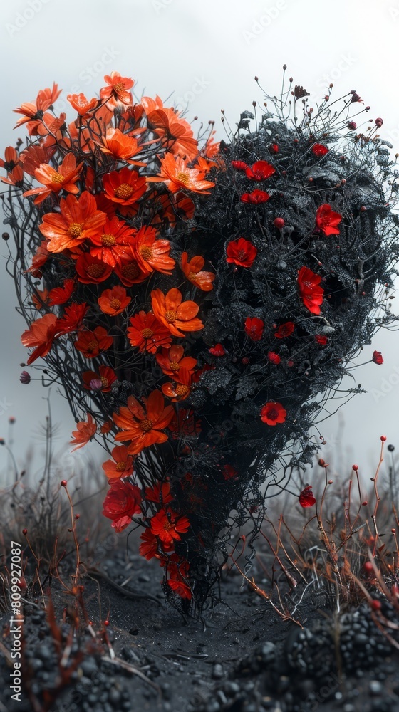 A heart, half red soil full of flowers, half black soil, withered ...