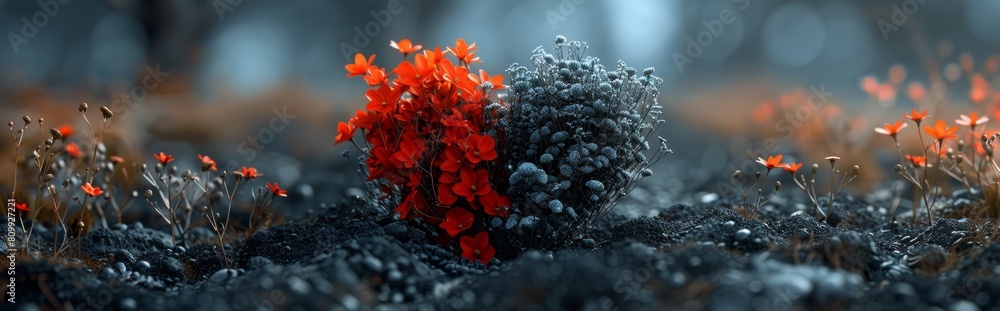A heart, half red soil full of flowers, half black soil, withered ...
