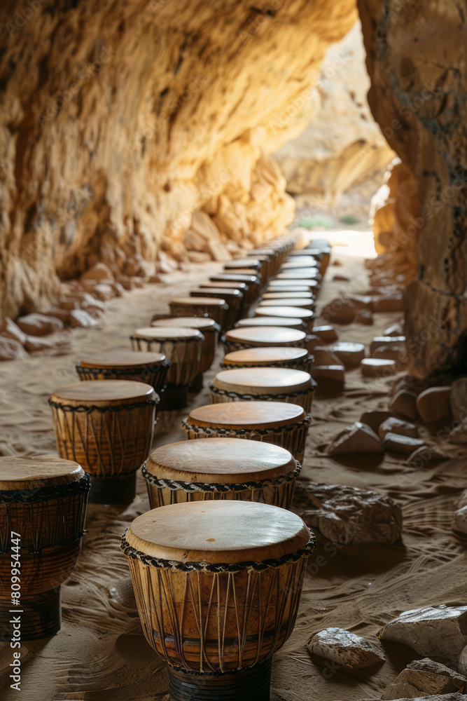 Battle drums depicted as echoing caves, each sound wave a reverberation ...