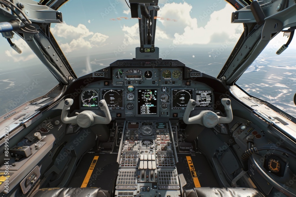 F-16 cockpit with detailed instrumentation, HUD displaying targeting ...